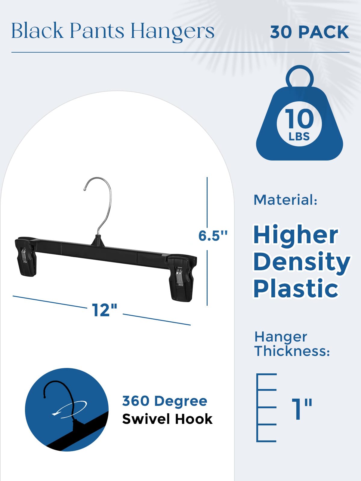 Titan Mall Pants Hangers 30 Pack 12inch Black Plastic Skirt Hanger with Non-Slip Big Clips and 360 Rotatable Hook, Durable and Sturdy Plastic Hanger, Elegant and Economical for Hanging Pants or Skirts