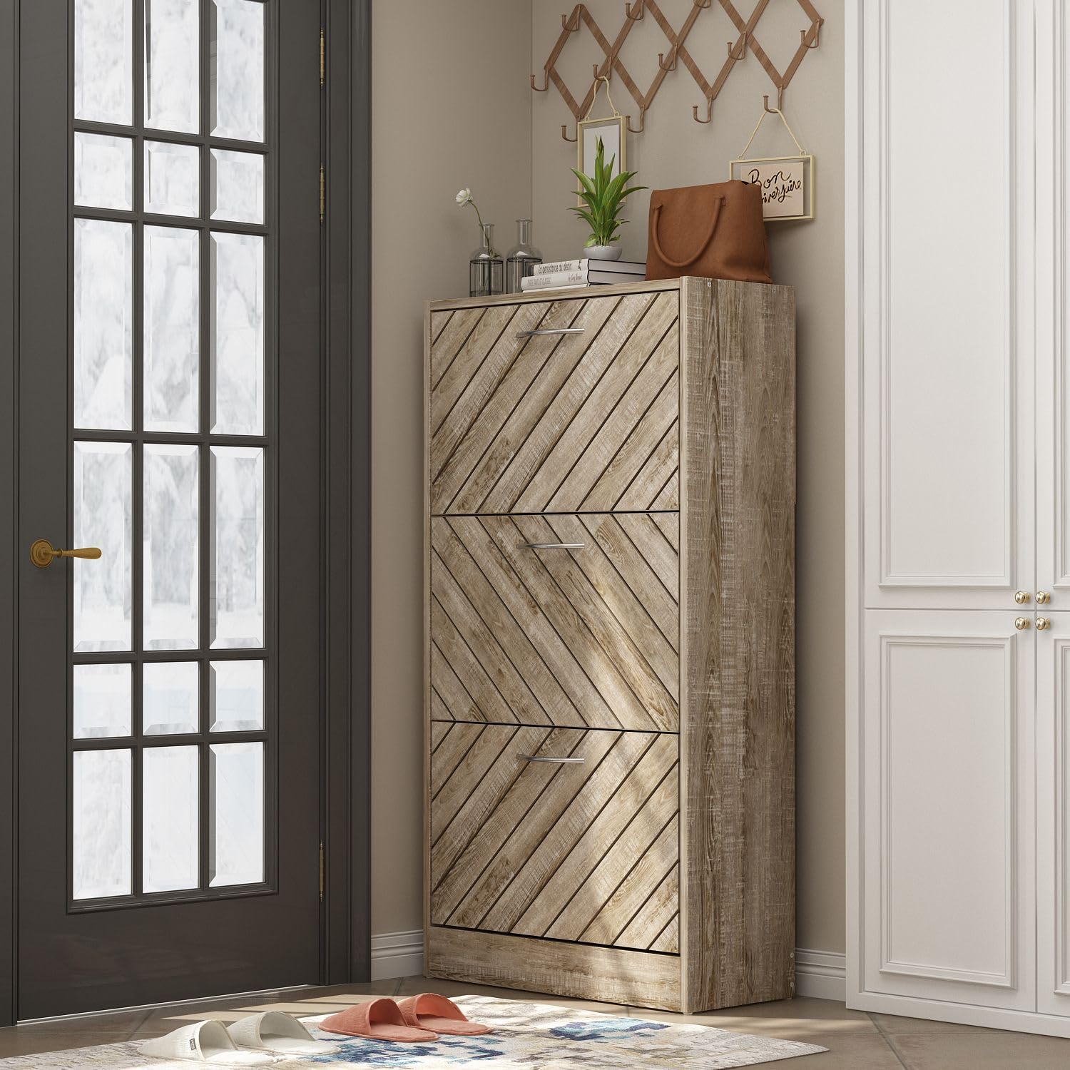 FAMAPY Modern Shoe Cabinet with 3 Flip Drawers, Freestanding Shoe Storage Cabinet, Slanted Design, Shoe Storage Organizer for Hallway Entryway Light Brown (22.4”W x 9.4”D x 42.3”H)