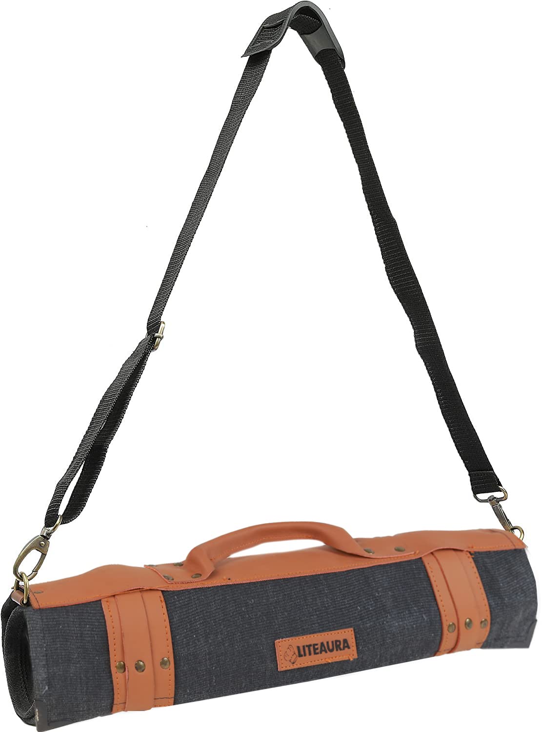 Chef knife roll bag large | stores 10 knives, 3 kitchen utensils Plus leather zipper pouch size open: 28" x 20" | waxed canvas knife carrier | easily carried shoulder strap professional chefs