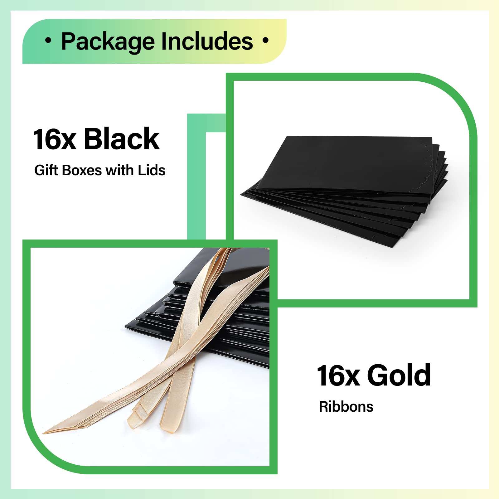 ZSPENG 16 PCs Gift Boxes with Lids,9x9x4 inches Black Gift Boxes with Ribbons, Bridesmaid Proposal Box,Kraft Paper Gift Box for Wedding, Packaging, Present, Birthday, Cupcake Boxes, Crafting.
