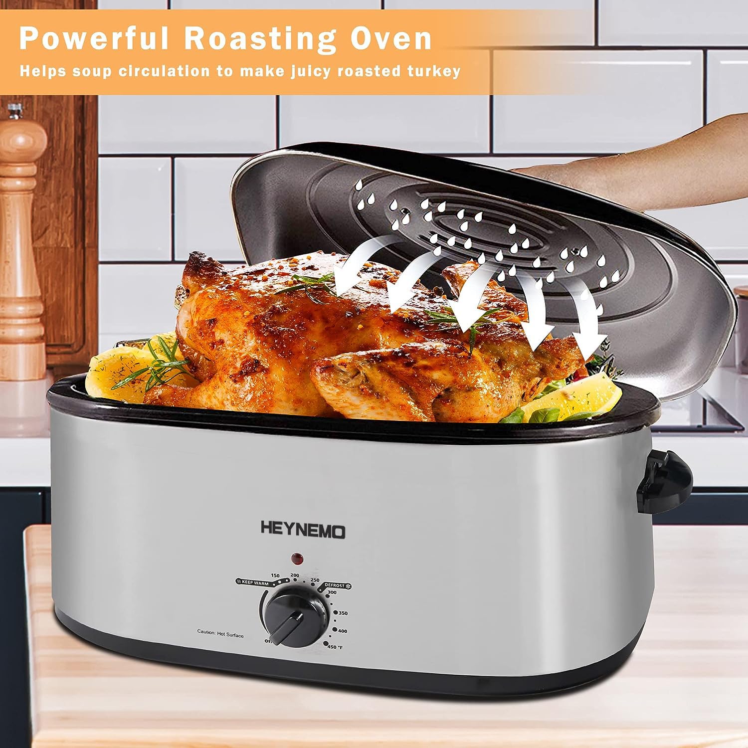 20 Quart Electric Roaster Oven, Turkey Roaster with Lid, Stainless Steel Roaster Oven Silver