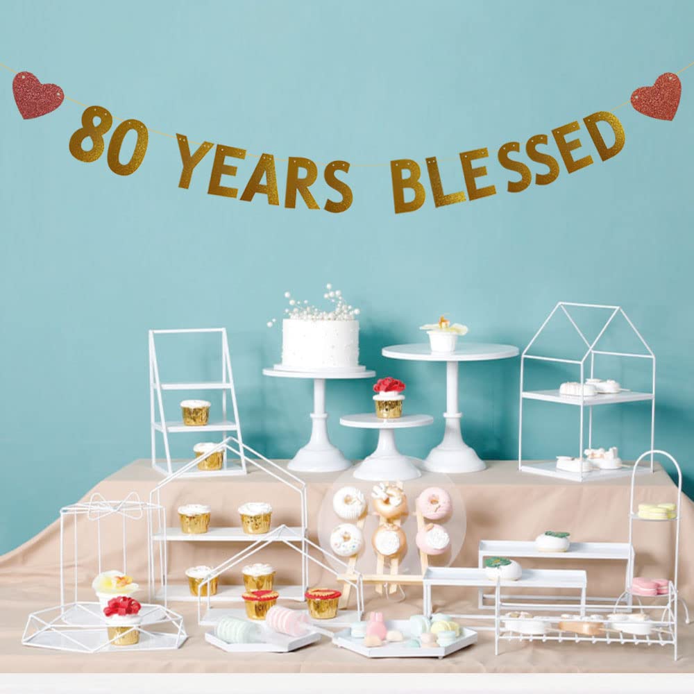 Betteryanzi Gold 80 Years Blessed Banner,Pre-strung,80th Birthday/Wedding Anniversary Party Decorations Supplies,Gold Glitter Paper Garlands Backdrops,Letters Gold 80 YEARS BLESSED