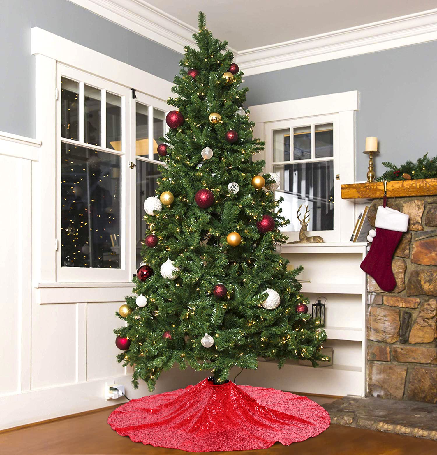 B-COOL Tree Skirts 48inches Red Christmas Sequin Tree Skirt Embroidered Tree Carpets Glitter Tree Mats Chrismas Tree Cover Round Red