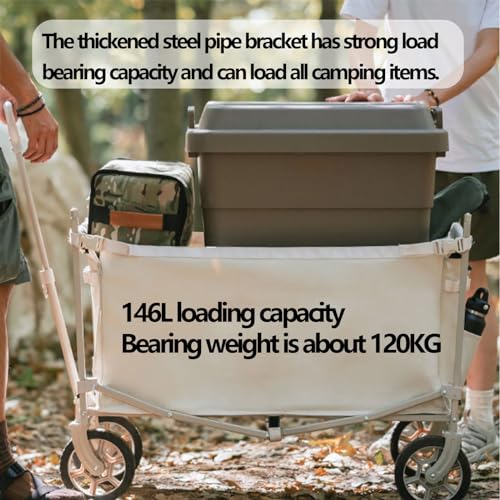 RINGGLO Folding Beach Wagon Cart with Brake Free Standing Collapsible Utility Camping Grocery Canvas for Camping, Shopping, Garden and Beach,Linen Brown