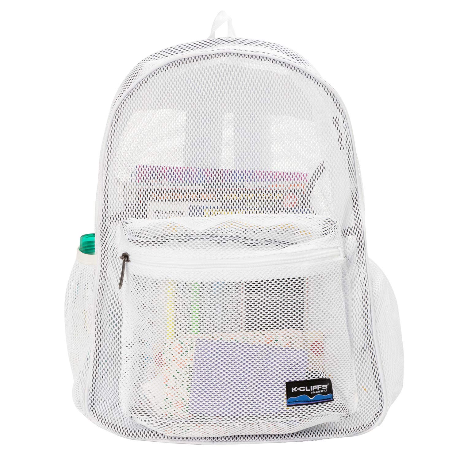 K-Cliffs Heavy Duty Mesh Backpack Classic Student Bookbag Durable See Through Netting Gym Bag Pack | Padded Straps (White)
