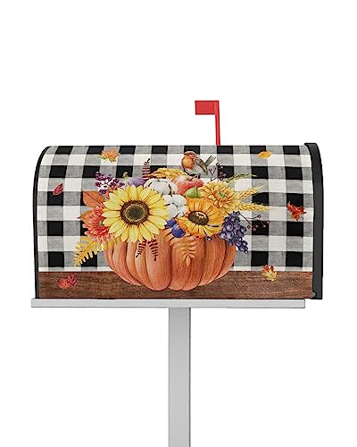 Pumpkin Buffalo Plaid Mailbox Cover Magnetic Thanksgiving Pumpkin with Sunflowers Black Plaid Post Box Cover Waterproof Mailbox Wraps for Farmhouse Outdoor Garden Home Decor Standard Size 21 X 18in