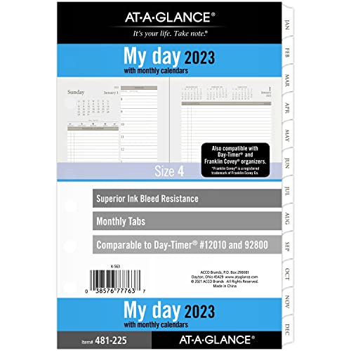 AT-A-GLANCE 2023 Daily Planner Refill, Hourly, 5-1/2" x 8-1/2", 12010 Day-Timer, Size 4, Desk Size, Two Pages Per Day, Loose Leaf, Monthly Tabs (481-225)