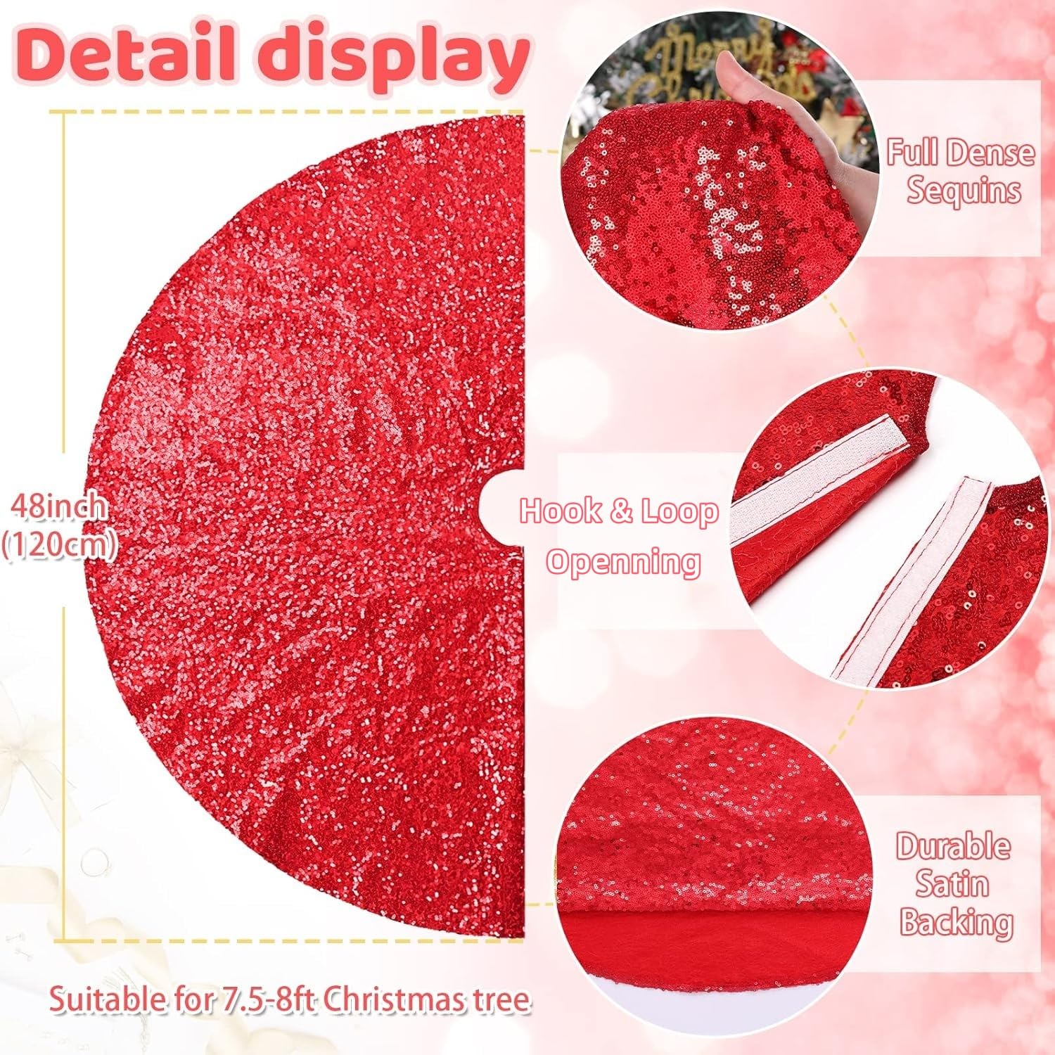 B-COOL Tree Skirts 48inches Red Christmas Sequin Tree Skirt Embroidered Tree Carpets Glitter Tree Mats Chrismas Tree Cover Round Red