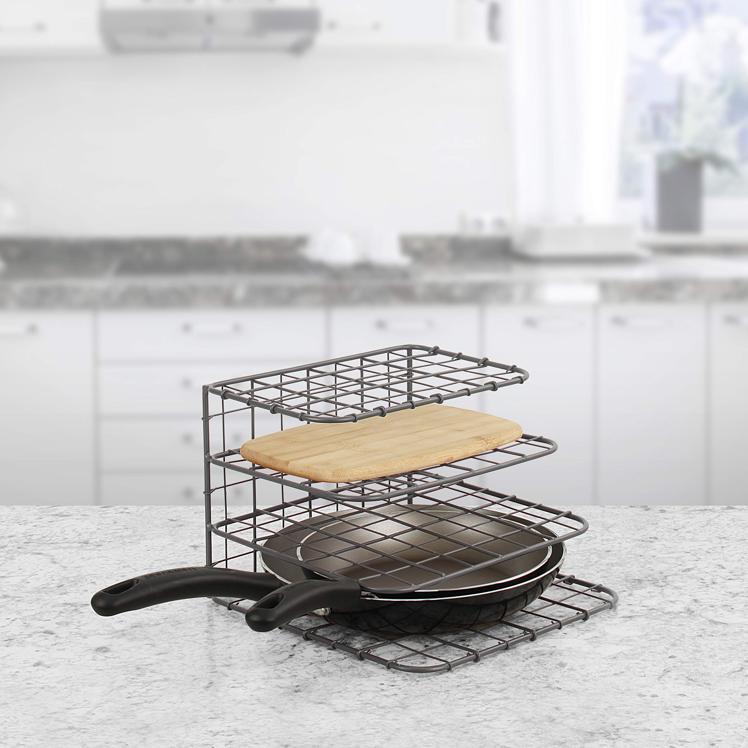 Spectrum Diversified Vintage Cabinet & Countertop Cookware & Bakeware Plate Rack & Lid Holder, Bakeware & Pan, Rustic Farmhouse Kitchen Cabinet Organizer, Rack, Industrial Gray