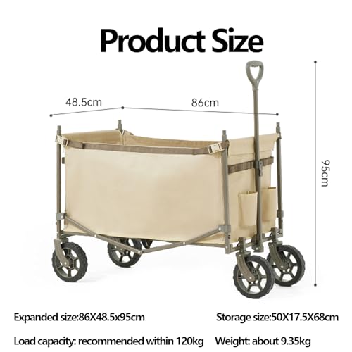 RINGGLO Folding Beach Wagon Cart with Brake Free Standing Collapsible Utility Camping Grocery Canvas for Camping, Shopping, Garden and Beach,Linen Brown