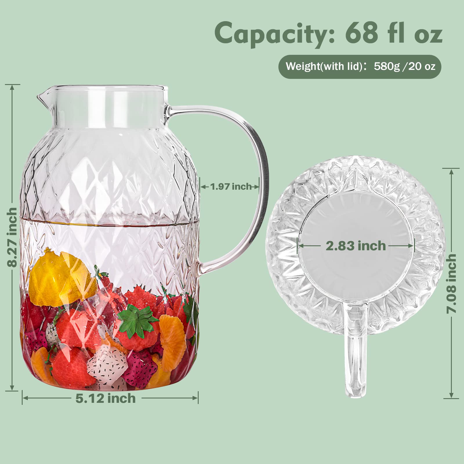 Glass Pitcher,68 oz / 2 Liter Glass Pitcher with Lid,Iced Tea Pitcher,Glass Water Pitcher,1.76qt Drink Pitcher with Lid,Glass Water Jug
