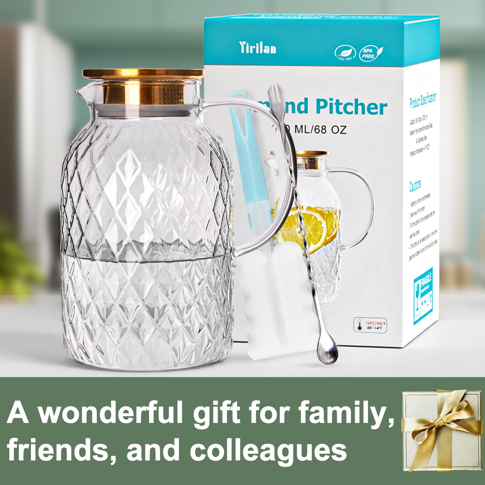 Glass Pitcher,68 oz / 2 Liter Glass Pitcher with Lid,Iced Tea Pitcher,Glass Water Pitcher,1.76qt Drink Pitcher with Lid,Glass Water Jug