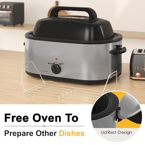 HEYNEMO Turkey Roaster Electric, 24 Quart Oven with Self-Basting Lid, Removable Pan and Rack, Adjustable Temperature Control Powerful 1450W Stainless Steel Oven, Silver