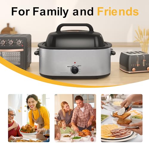 HEYNEMO Turkey Roaster Electric, 24 Quart Oven with Self-Basting Lid, Removable Pan and Rack, Adjustable Temperature Control Powerful 1450W Stainless Steel Oven, Silver