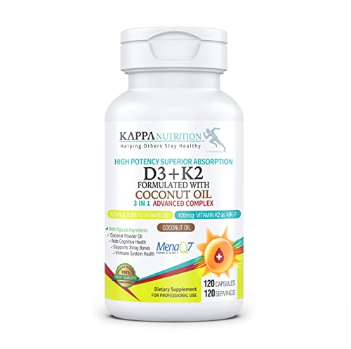 KAPPA NUTRITION Vitamin D3 + K2 Supplement with MCT Oil (Coconut Oil) (5000iu) Vitamin D with 100mcg Mk7 Vitamin K, Supports Calcium for Stronger Bones & Immune Health, 120 Vegan Capsules for Adults
