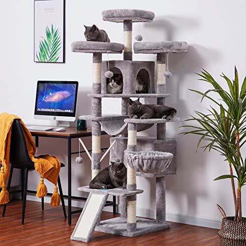 Hey-brother Cat Tree, 71 inches XL Large Cat Tower for Indoor Cats, Multi-Level Cat House with 3 Padded Perches, Big Scratcher, Cozy Basket, 2 Cat Condos and Scratching Posts, Light Gray MPJ034W