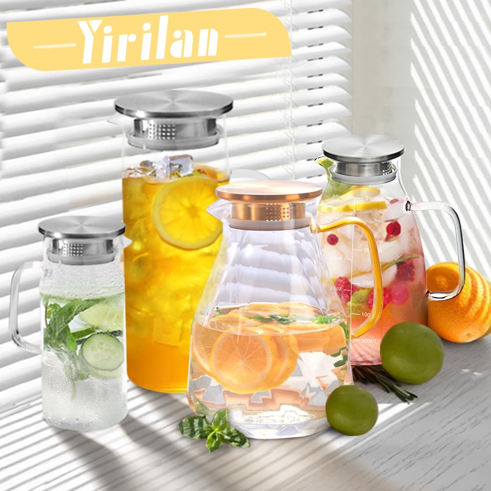 Glass Pitcher,68 oz / 2 Liter Glass Pitcher with Lid,Iced Tea Pitcher,Glass Water Pitcher,1.76qt Drink Pitcher with Lid,Glass Water Jug