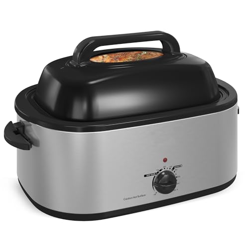 HEYNEMO Turkey Roaster Electric, 24 Quart Oven with Self-Basting Lid, Removable Pan and Rack, Adjustable Temperature Control Powerful 1450W Stainless Steel Oven, Silver