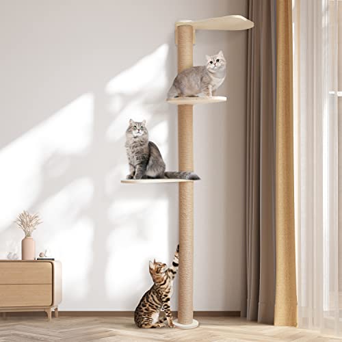 Wood Cat Tower Floor to Ceiling Adjustable, Cat Tree Tall Cat Scratching Post, Cat Wood Tree with 3-Tier Floor for Climb, Cat Climbing Tower Vertical with Natural Sisal Rope