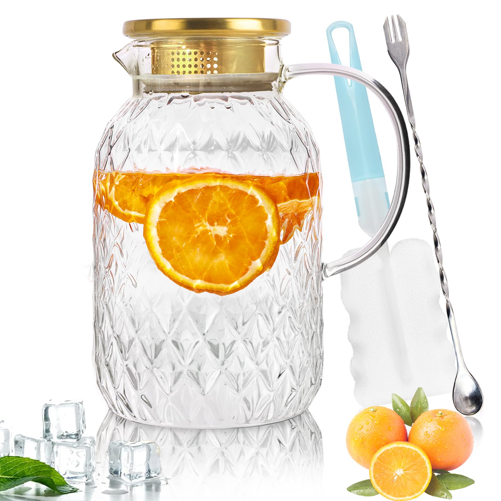 Glass Pitcher,68 oz / 2 Liter Glass Pitcher with Lid,Iced Tea Pitcher,Glass Water Pitcher,1.76qt Drink Pitcher with Lid,Glass Water Jug