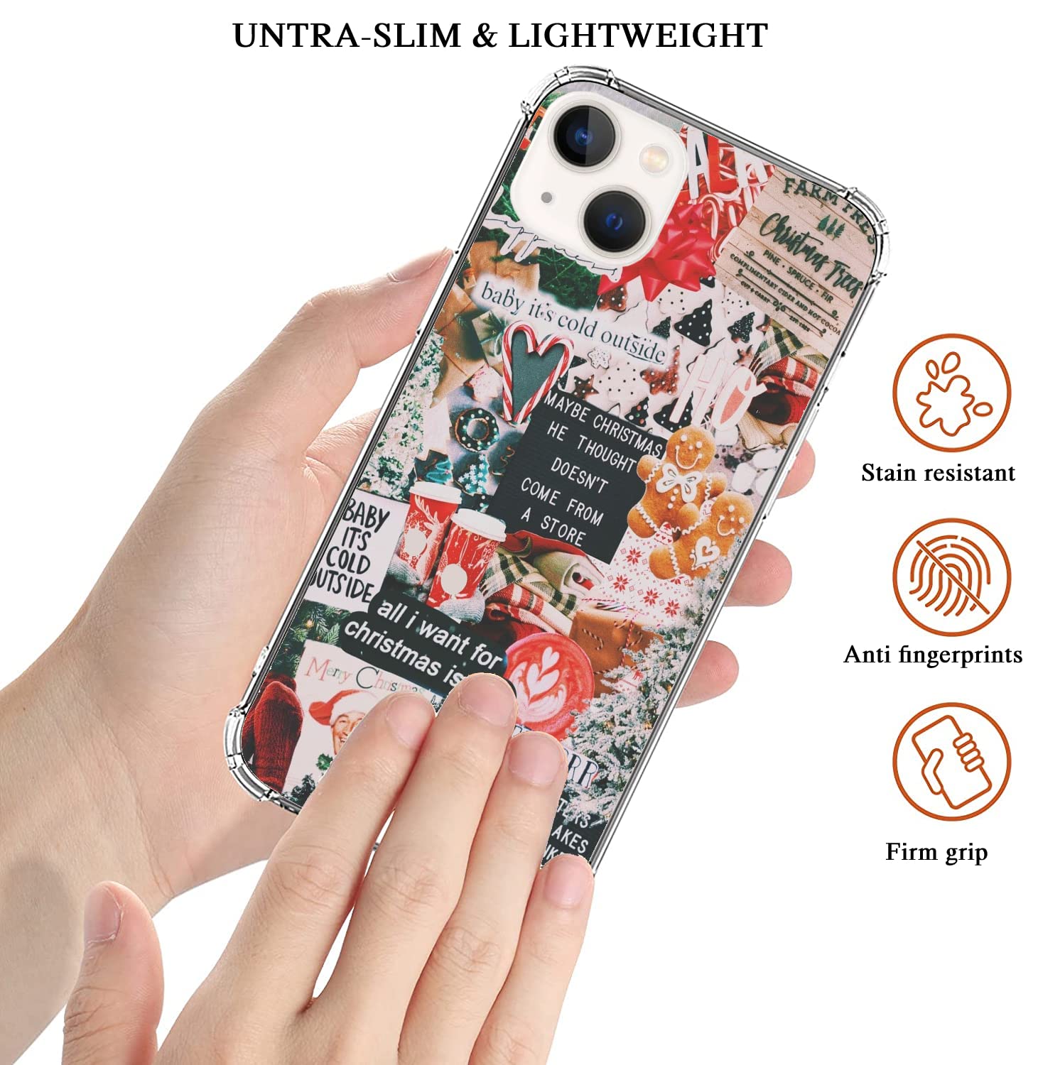 Ricin Relun Winter Collage Christmas Case for iPhone 14 Plus, Retro Aesthetic Christmas Tree and Gingerbread Case for Girls Women Men, Unique Trendy TPU Bumper Cover Case for iPhone 14 Plus