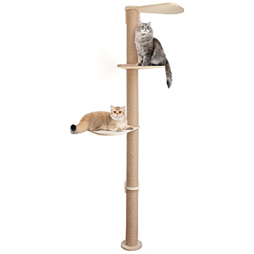 Wood Cat Tower Floor to Ceiling Adjustable, Cat Tree Tall Cat Scratching Post, Cat Wood Tree with 3-Tier Floor for Climb, Cat Climbing Tower Vertical with Natural Sisal Rope