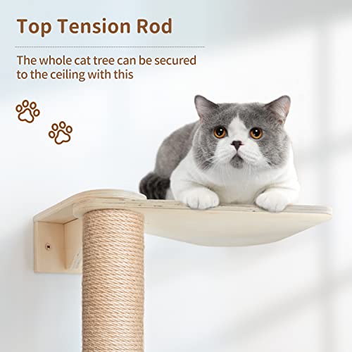 Wood Cat Tower Floor to Ceiling Adjustable, Cat Tree Tall Cat Scratching Post, Cat Wood Tree with 3-Tier Floor for Climb, Cat Climbing Tower Vertical with Natural Sisal Rope