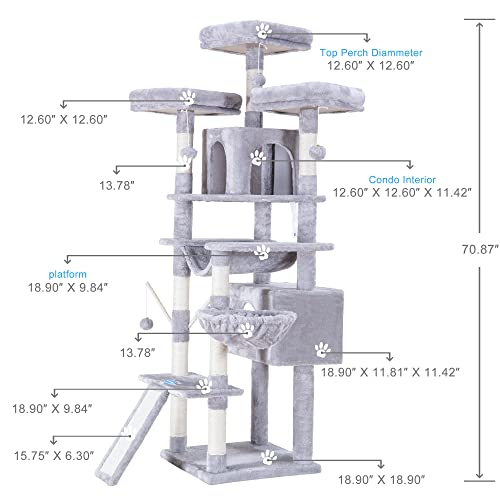 Hey-brother Cat Tree, 71 inches XL Large Cat Tower for Indoor Cats, Multi-Level Cat House with 3 Padded Perches, Big Scratcher, Cozy Basket, 2 Cat Condos and Scratching Posts, Light Gray MPJ034W