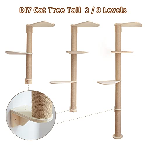 Wood Cat Tower Floor to Ceiling Adjustable, Cat Tree Tall Cat Scratching Post, Cat Wood Tree with 3-Tier Floor for Climb, Cat Climbing Tower Vertical with Natural Sisal Rope