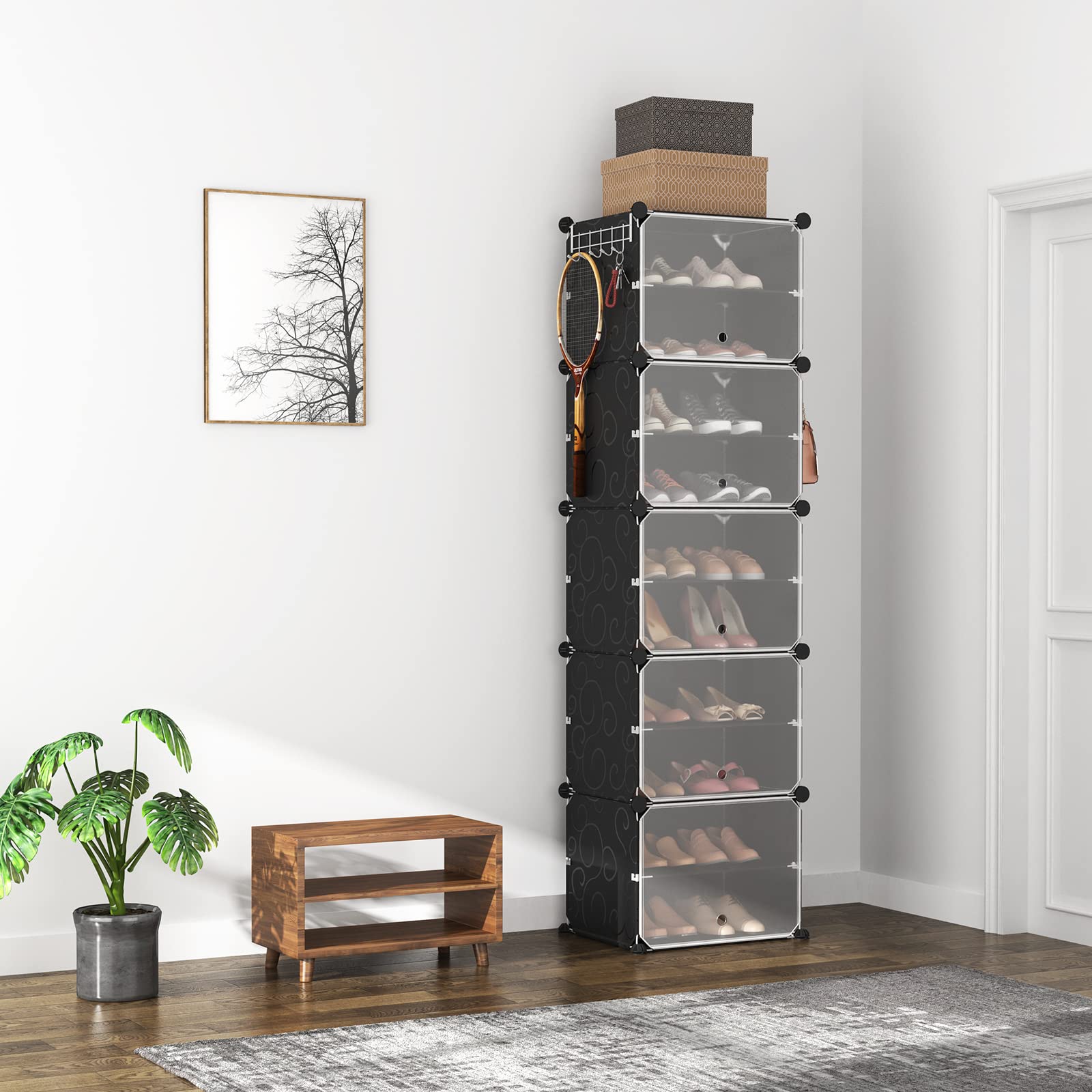ROJASOP Tall Shoe Rack, 10 Tiers Shoes Storage Cabinet with Doors, 20 Pairs Narrow Portable Shoe Rack Organizer with 2 Hooks Plastic Shoe Closet for Entryway Bedroom Hallway (Black, 1 by 10)