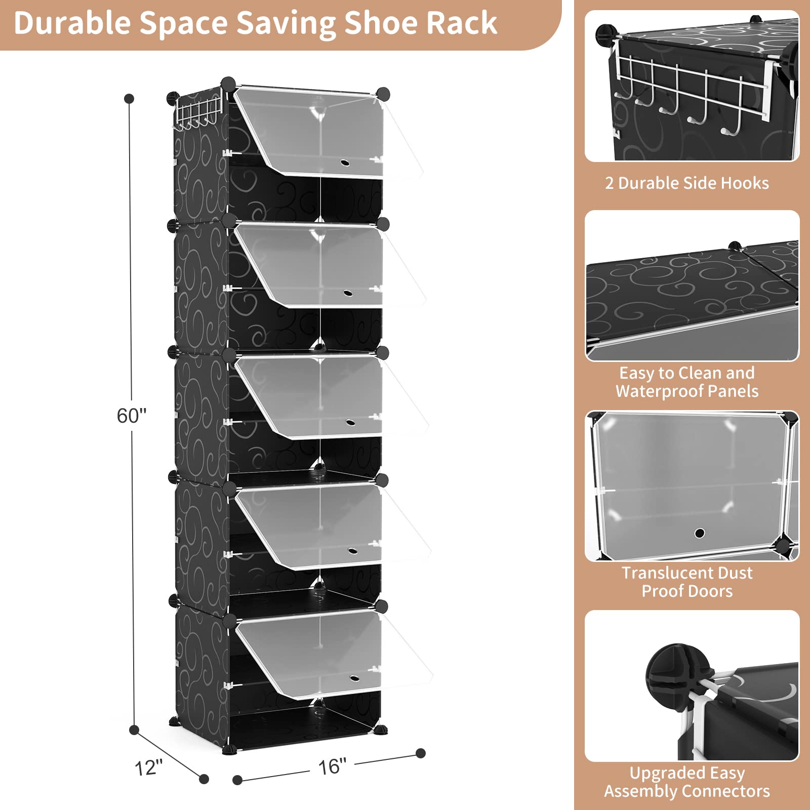 ROJASOP Tall Shoe Rack, 10 Tiers Shoes Storage Cabinet with Doors, 20 Pairs Narrow Portable Shoe Rack Organizer with 2 Hooks Plastic Shoe Closet for Entryway Bedroom Hallway (Black, 1 by 10)