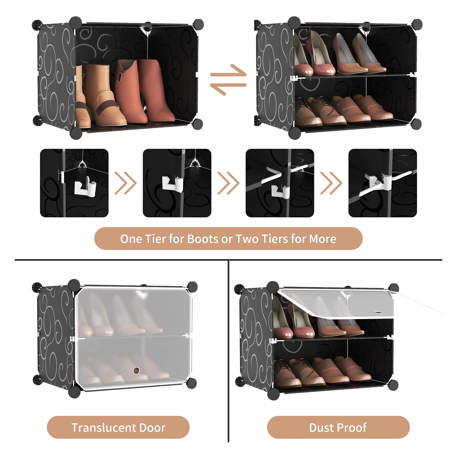 ROJASOP Tall Shoe Rack, 10 Tiers Shoes Storage Cabinet with Doors, 20 Pairs Narrow Portable Shoe Rack Organizer with 2 Hooks Plastic Shoe Closet for Entryway Bedroom Hallway (Black, 1 by 10)