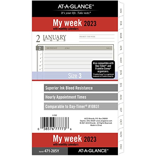 AT-A-GLANCE 2023 Weekly & Monthly Planner Refill, Hourly, 10831 DAY-TIMER, 3-3/4" x 6-3/4", Size 3, Portable Size, Loose Leaf (471-285Y)