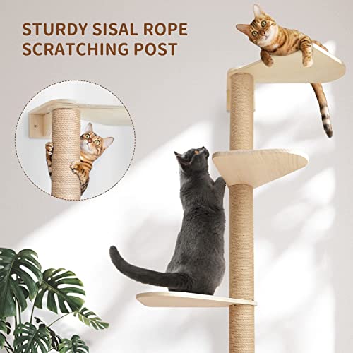 Wood Cat Tower Floor to Ceiling Adjustable, Cat Tree Tall Cat Scratching Post, Cat Wood Tree with 3-Tier Floor for Climb, Cat Climbing Tower Vertical with Natural Sisal Rope