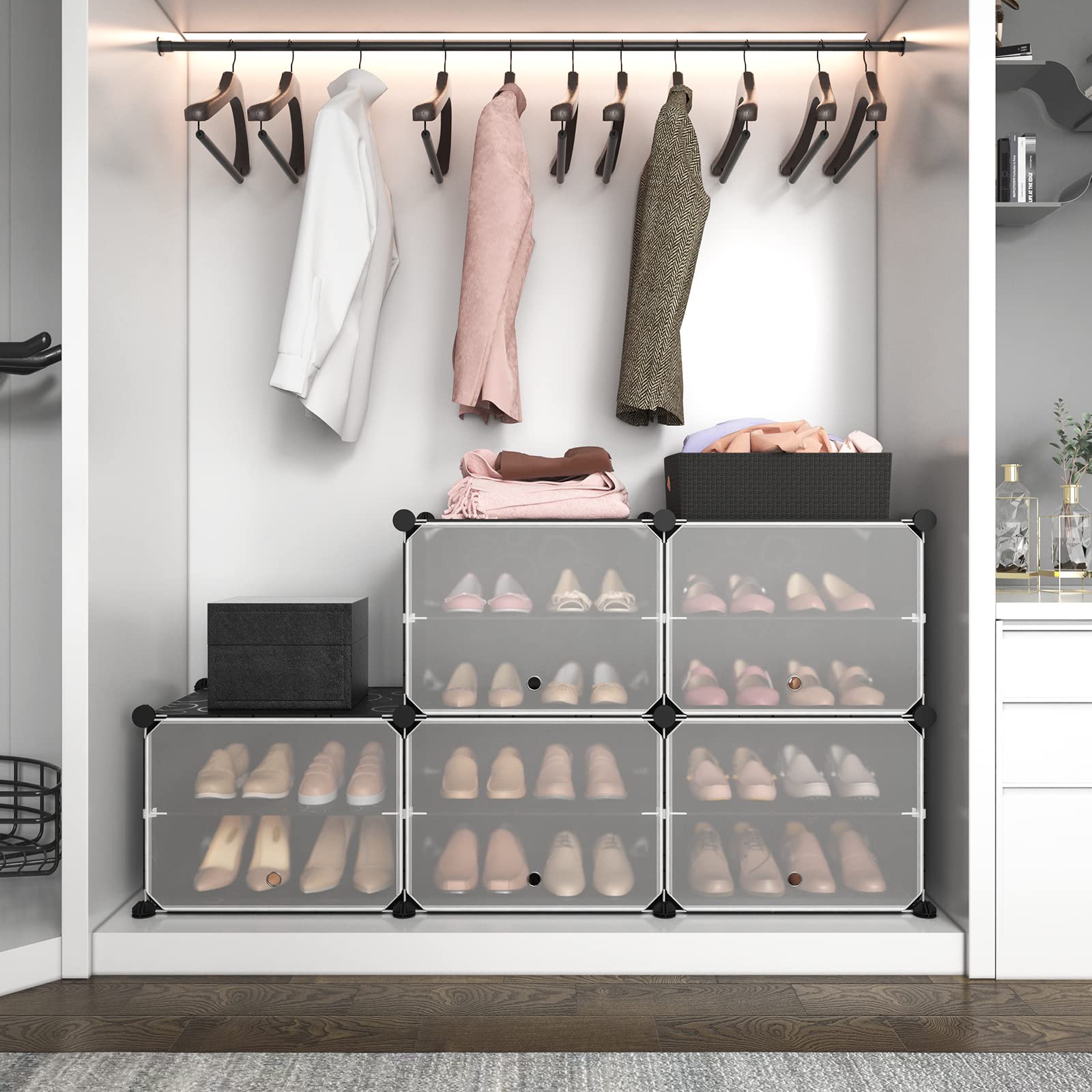 ROJASOP Tall Shoe Rack, 10 Tiers Shoes Storage Cabinet with Doors, 20 Pairs Narrow Portable Shoe Rack Organizer with 2 Hooks Plastic Shoe Closet for Entryway Bedroom Hallway (Black, 1 by 10)