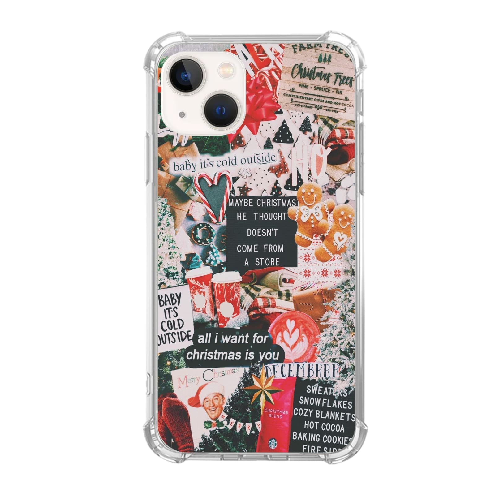 Ricin Relun Winter Collage Christmas Case for iPhone 14 Plus, Retro Aesthetic Christmas Tree and Gingerbread Case for Girls Women Men, Unique Trendy TPU Bumper Cover Case for iPhone 14 Plus