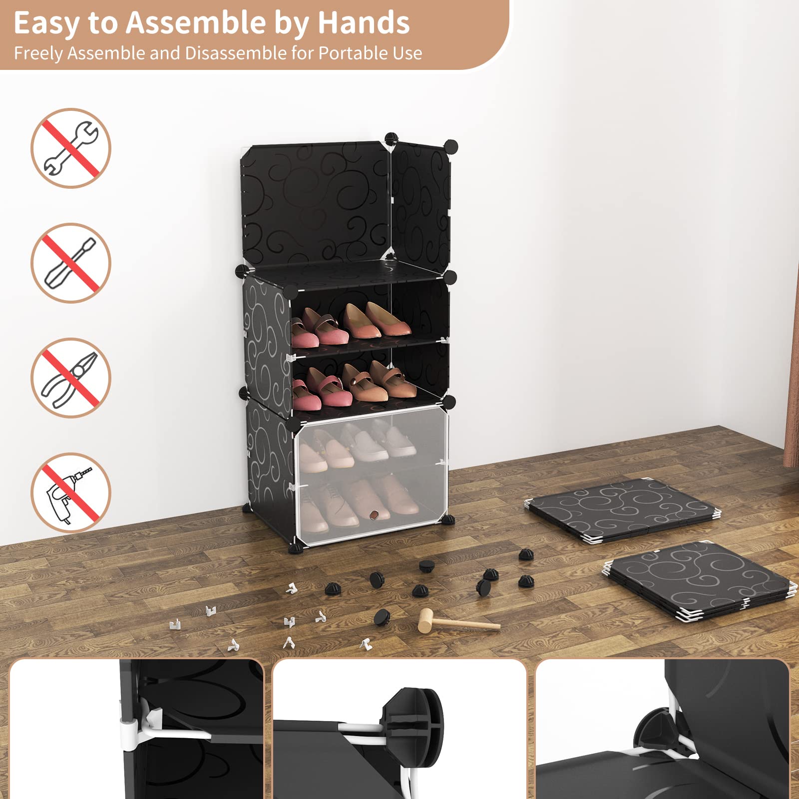 ROJASOP Tall Shoe Rack, 10 Tiers Shoes Storage Cabinet with Doors, 20 Pairs Narrow Portable Shoe Rack Organizer with 2 Hooks Plastic Shoe Closet for Entryway Bedroom Hallway (Black, 1 by 10)