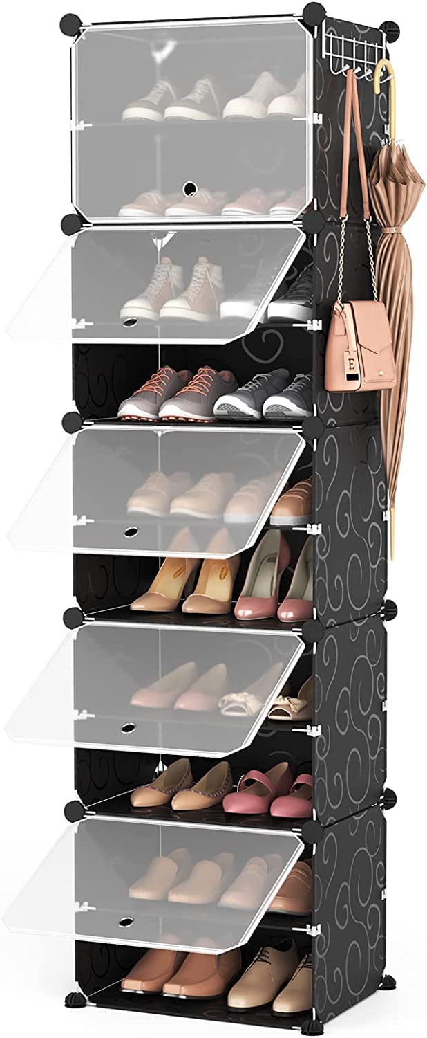ROJASOP Tall Shoe Rack, 10 Tiers Shoes Storage Cabinet with Doors, 20 Pairs Narrow Portable Shoe Rack Organizer with 2 Hooks Plastic Shoe Closet for Entryway Bedroom Hallway (Black, 1 by 10)