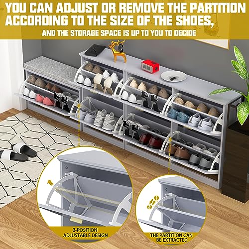 joibabe Shoe Cabinet with Flip Drawers, Shoe Bench with Removable Cushion, Free Standing Tipping Bucket Shoe Rack Organizer with Adjustable Shelf, Shoe Storage Cabinet