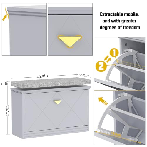joibabe Shoe Cabinet with Flip Drawers, Shoe Bench with Removable Cushion, Free Standing Tipping Bucket Shoe Rack Organizer with Adjustable Shelf, Shoe Storage Cabinet
