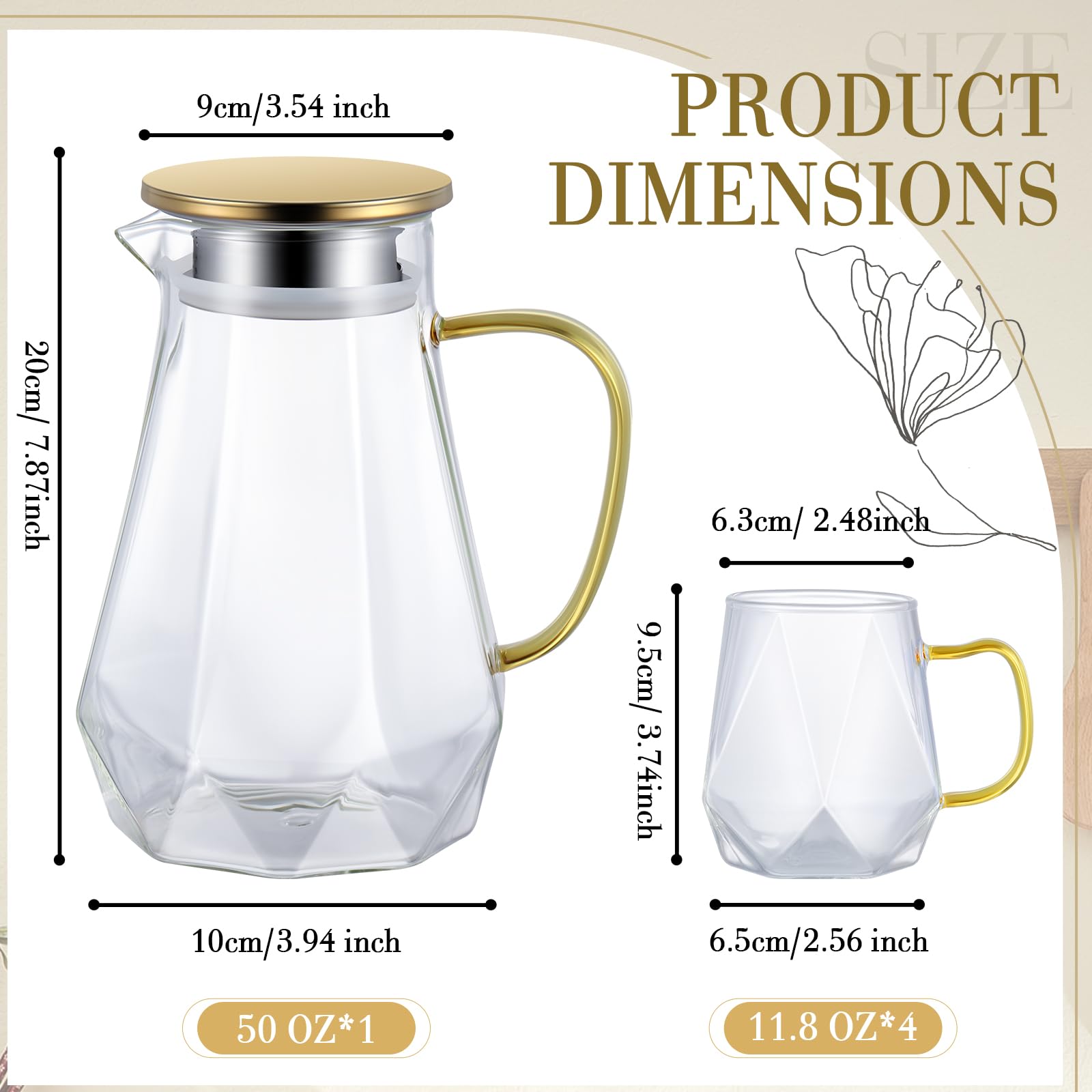 Mumufy 5 Pcs Glass Pitchers Set, 50 oz Borosilicate Glass Pitcher with 4 Cups Diamond Design Water Pitcher with Handle and Stainless Steel Lid Glass Kettle Durability Glass Carafe for Tea Coffee Juice