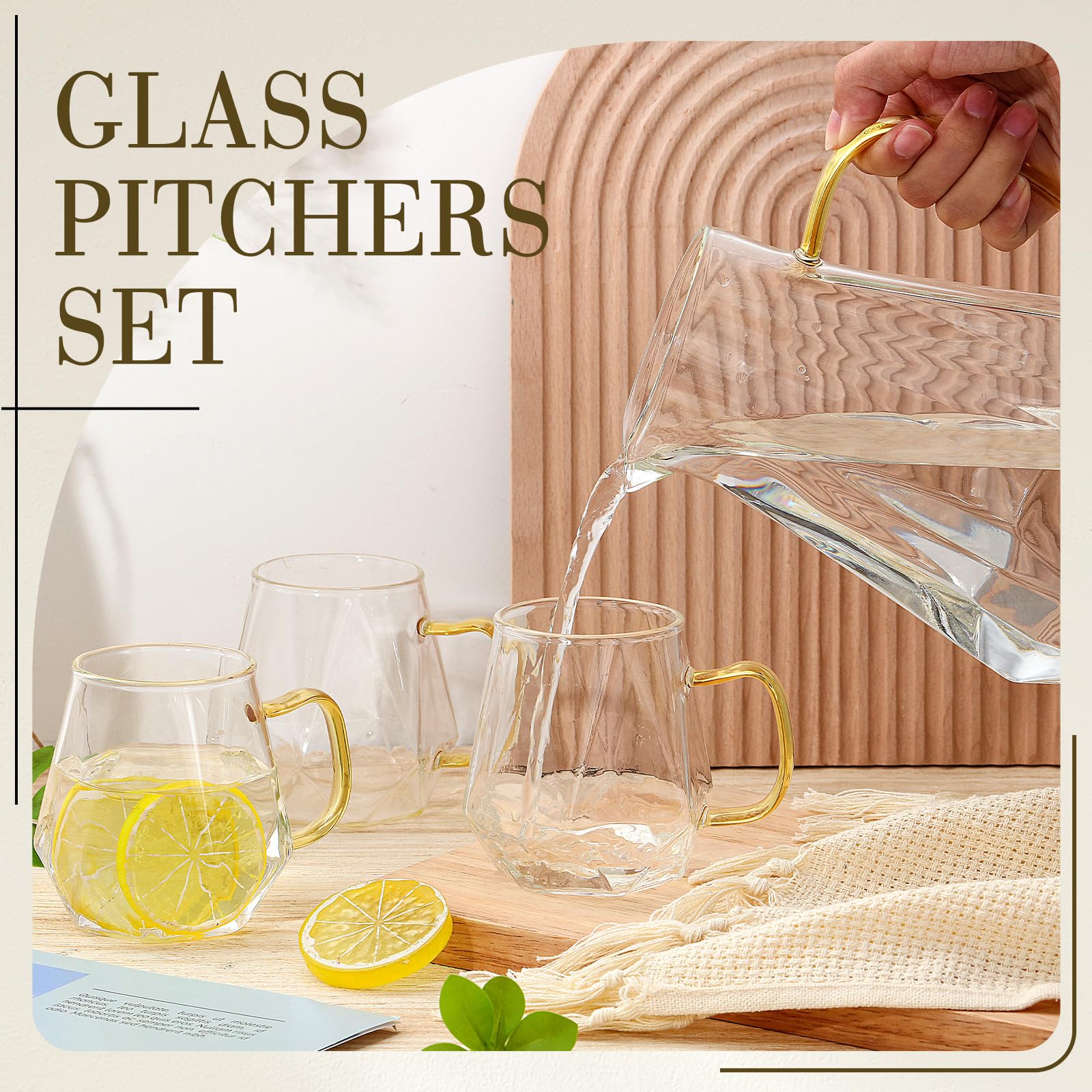 Mumufy 5 Pcs Glass Pitchers Set, 50 oz Borosilicate Glass Pitcher with 4 Cups Diamond Design Water Pitcher with Handle and Stainless Steel Lid Glass Kettle Durability Glass Carafe for Tea Coffee Juice