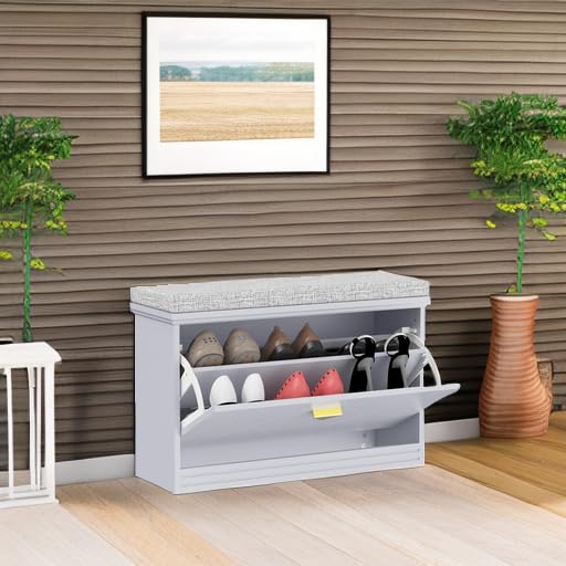 joibabe Shoe Cabinet with Flip Drawers, Shoe Bench with Removable Cushion, Free Standing Tipping Bucket Shoe Rack Organizer with Adjustable Shelf, Shoe Storage Cabinet