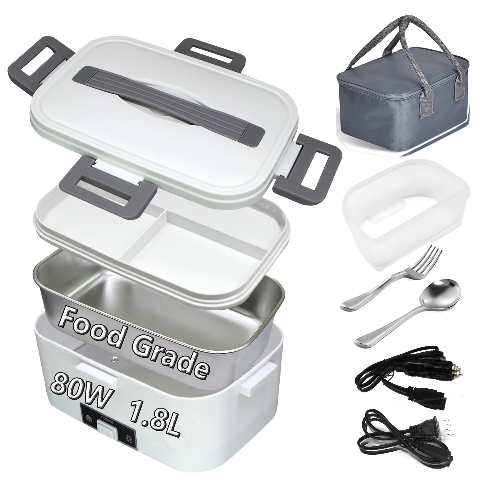 MQHOBO 【2023 Upgraded】 Electric Lunch Box 80W Food Heater for Adults, Heated Lunch Box for Men, Portable Food Warmer,3-In-1 Heating Lunch Box for Work,1.8L Removable 304 Stainless Steel Container