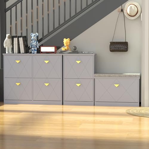 joibabe Shoe Cabinet with Flip Drawers, Shoe Bench with Removable Cushion, Free Standing Tipping Bucket Shoe Rack Organizer with Adjustable Shelf, Shoe Storage Cabinet