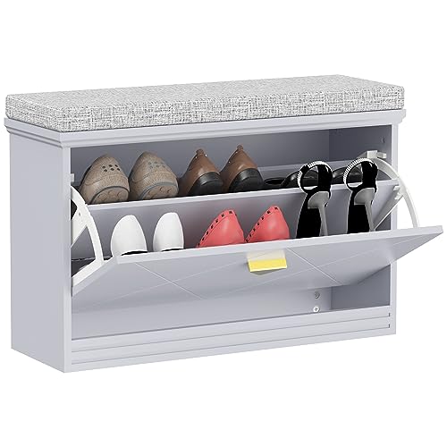 joibabe Shoe Cabinet with Flip Drawers, Shoe Bench with Removable Cushion, Free Standing Tipping Bucket Shoe Rack Organizer with Adjustable Shelf, Shoe Storage Cabinet