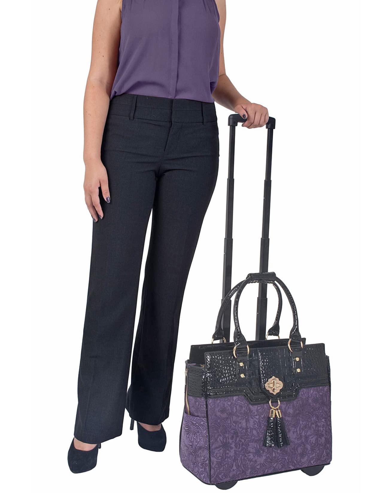 JKM Rolling Laptop Bag Women - The Contessa Purple Rolling Work Bag, Rolling Briefcase for Women