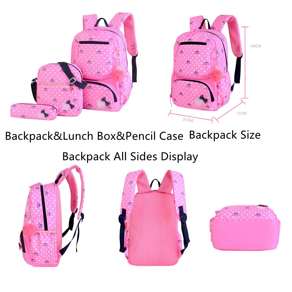 EKUIZAI 3Pcs Heart Prints Backpack Sets 3 in 1 Bowknot Primary Schoolbag Travel Daypack School Bag Kit Knapsack for Students Large