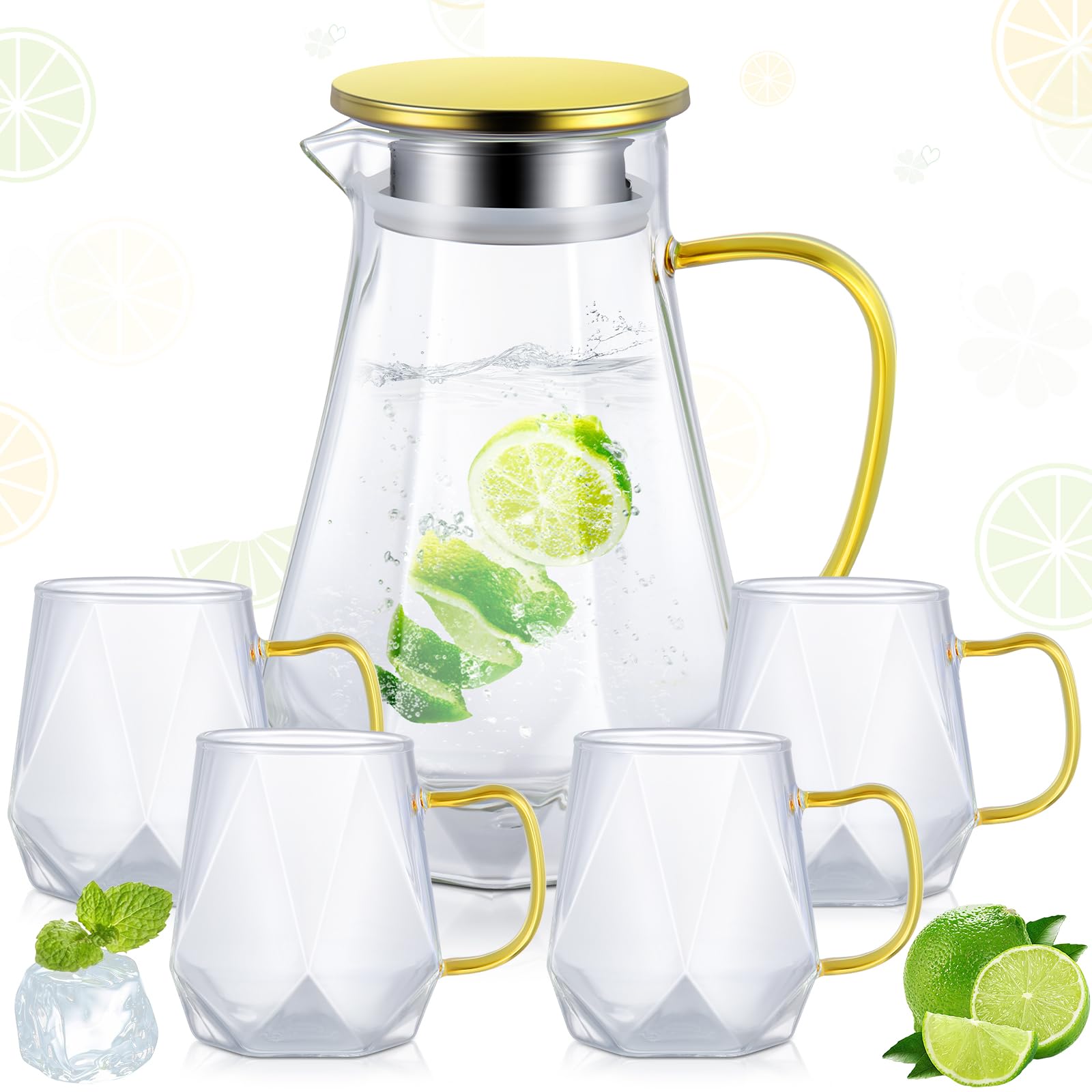 Mumufy 5 Pcs Glass Pitchers Set, 50 oz Borosilicate Glass Pitcher with 4 Cups Diamond Design Water Pitcher with Handle and Stainless Steel Lid Glass Kettle Durability Glass Carafe for Tea Coffee Juice