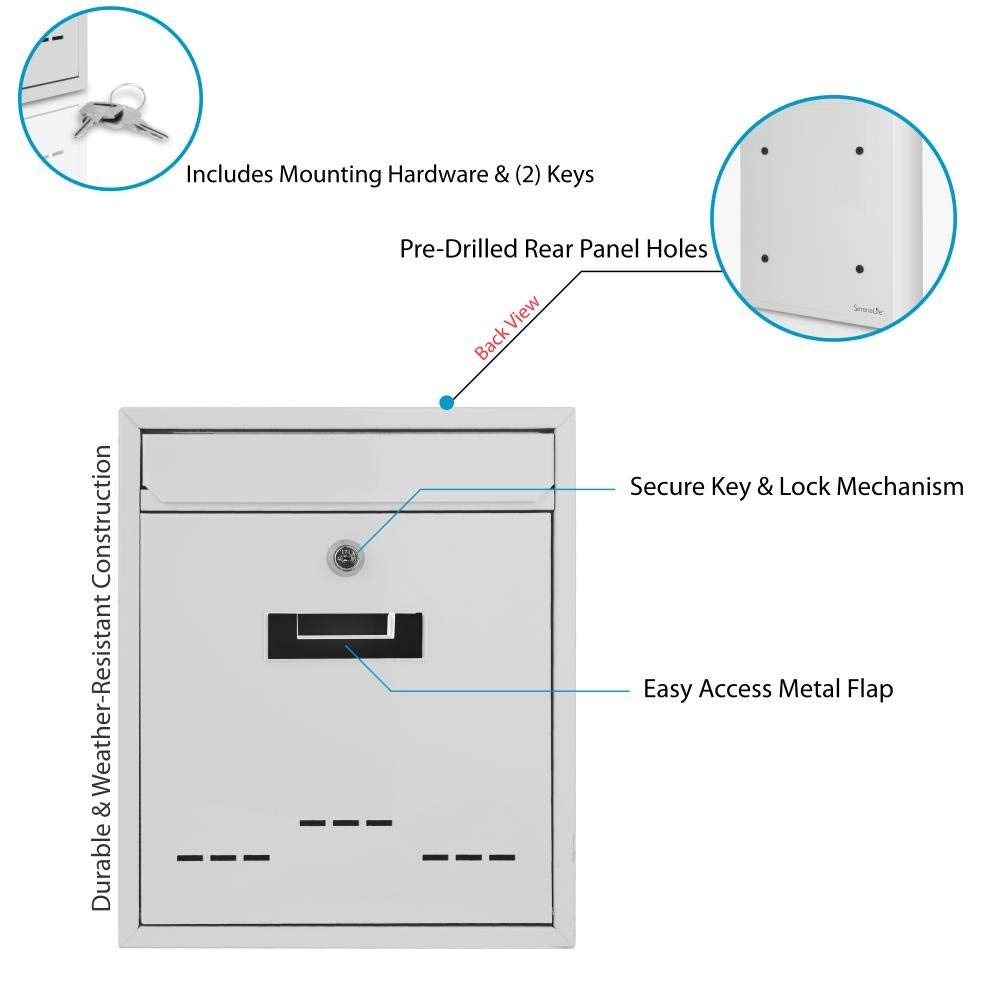 SereneLife Modern Wall Mount Lockable Mailbox-Outdoor Galvanized Metal Key Large Capacity-Commercial Rural Home Decorative &Office Business Parcel Box Packages SLMAB04,White,10.2’’ x 12.2’’ x 3.6’’
